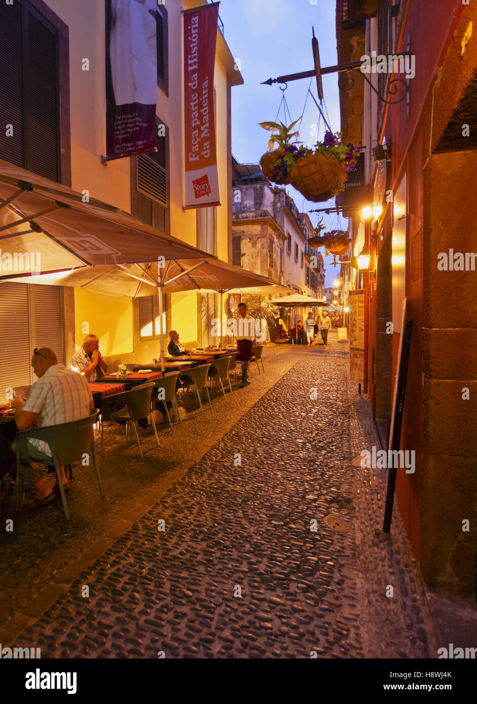 Portugal, Madeira, Funchal, Twilight view of the Santa Maria Street ...