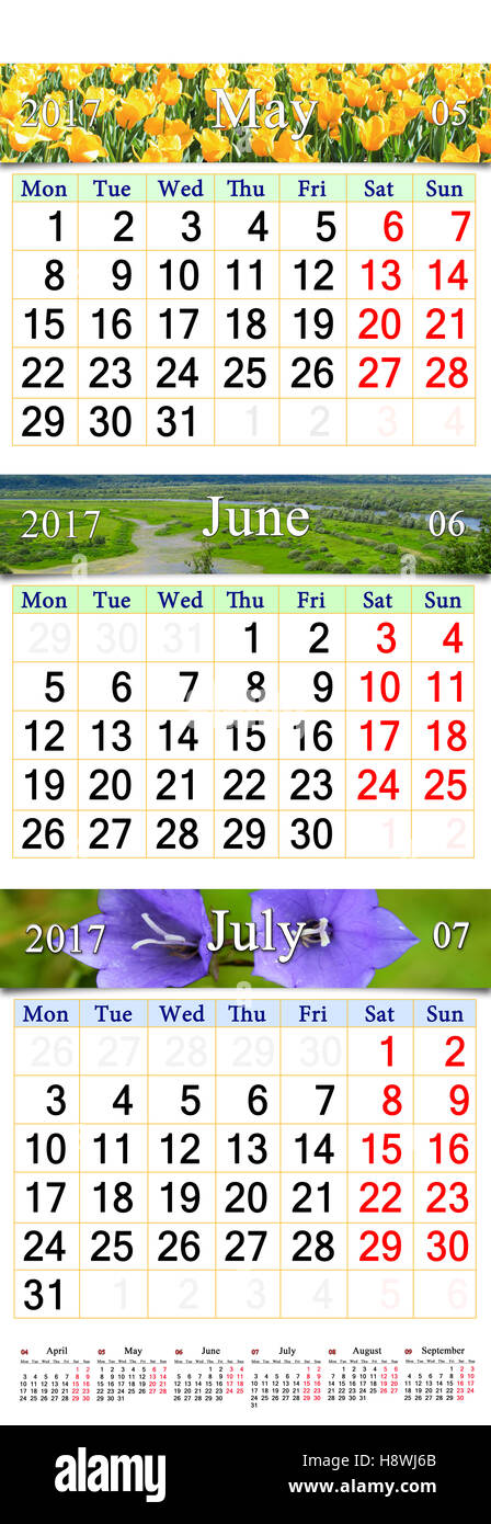 wall calendar for three months May June and July 2017 with images of ...