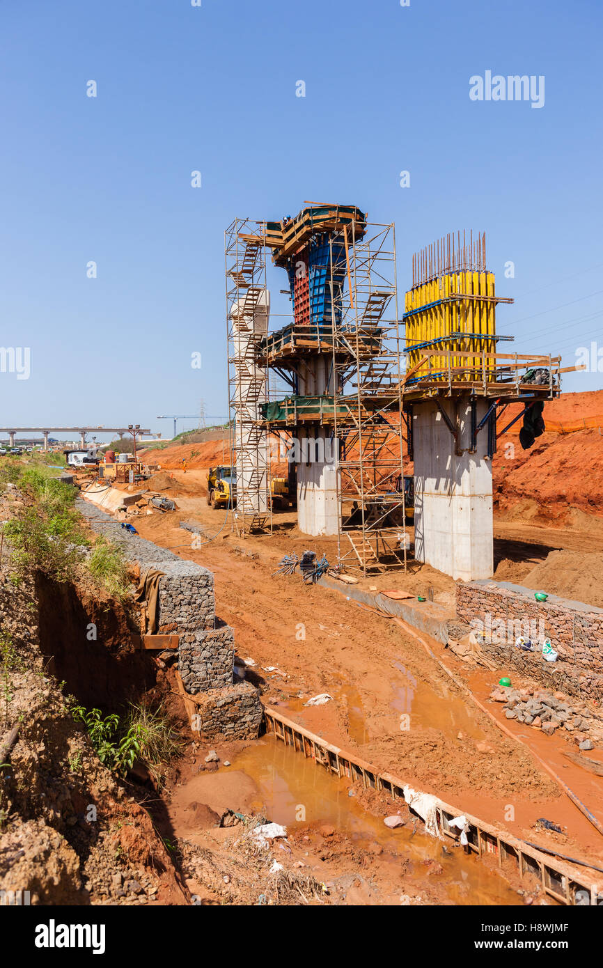 Construction building road highway junction overpass ramp columns of ...