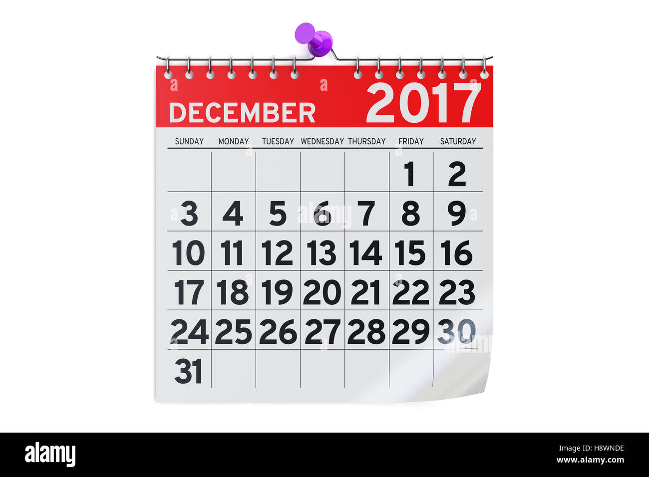 December 2017 calendar, 3D rendering isolated on white background Stock ...