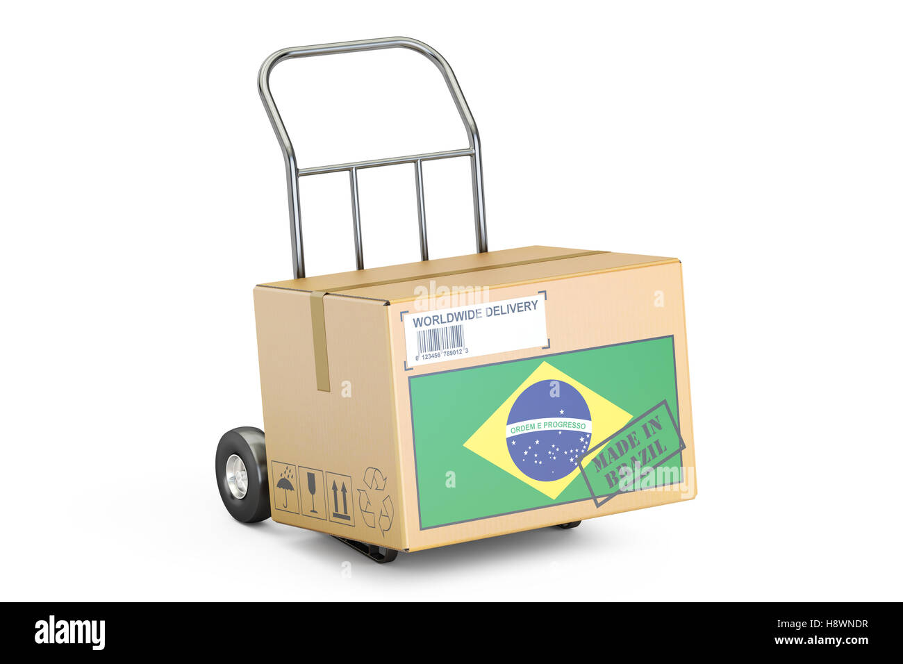 Made in Brazil concept. Cardboard Box on Hand Truck, 3D rendering ...