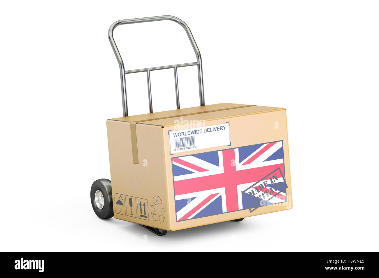 Made in UK concept. Cardboard Box on Hand Truck, 3D rendering isolated ...