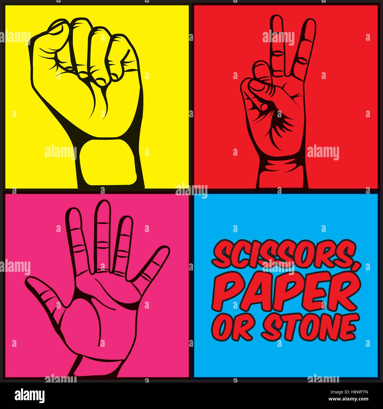 scissors paper or stone design with human hands over pop art colorful ...