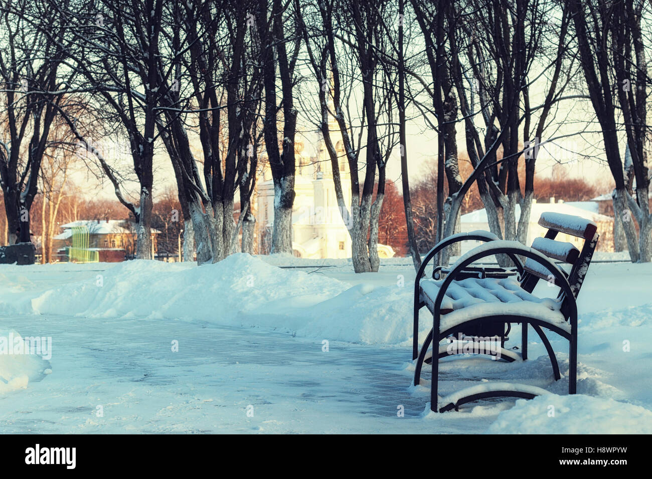Winter Park bench Alley Stock Photo - Alamy