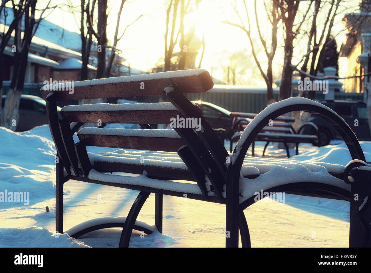 Winter Park bench Alley Stock Photo - Alamy