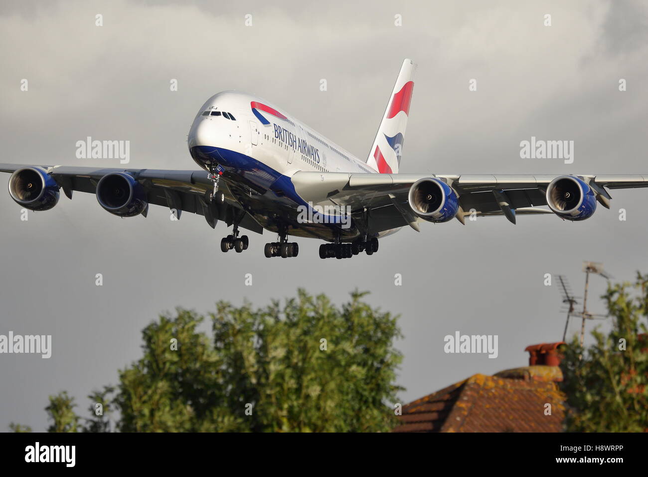British Airways Airbus A380-800 G-XLEJ landing at London Heathrow, UK ...