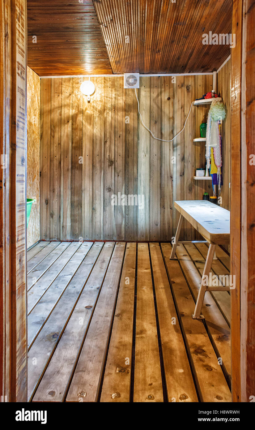 interior a rustic bath with wooden bench Stock Photo - Alamy