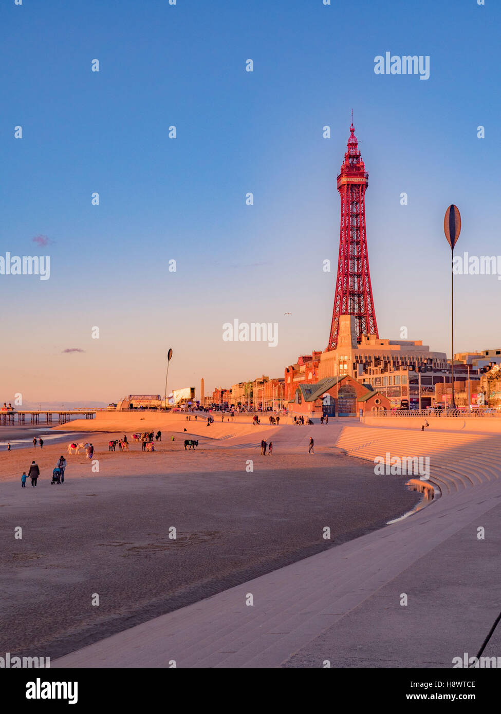 Blackpool Tower and beach with early evening sunlight, Blackpool ...