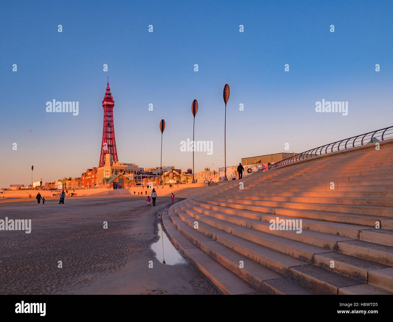 Blackpool Tower and beach with early evening sunlight, Blackpool ...