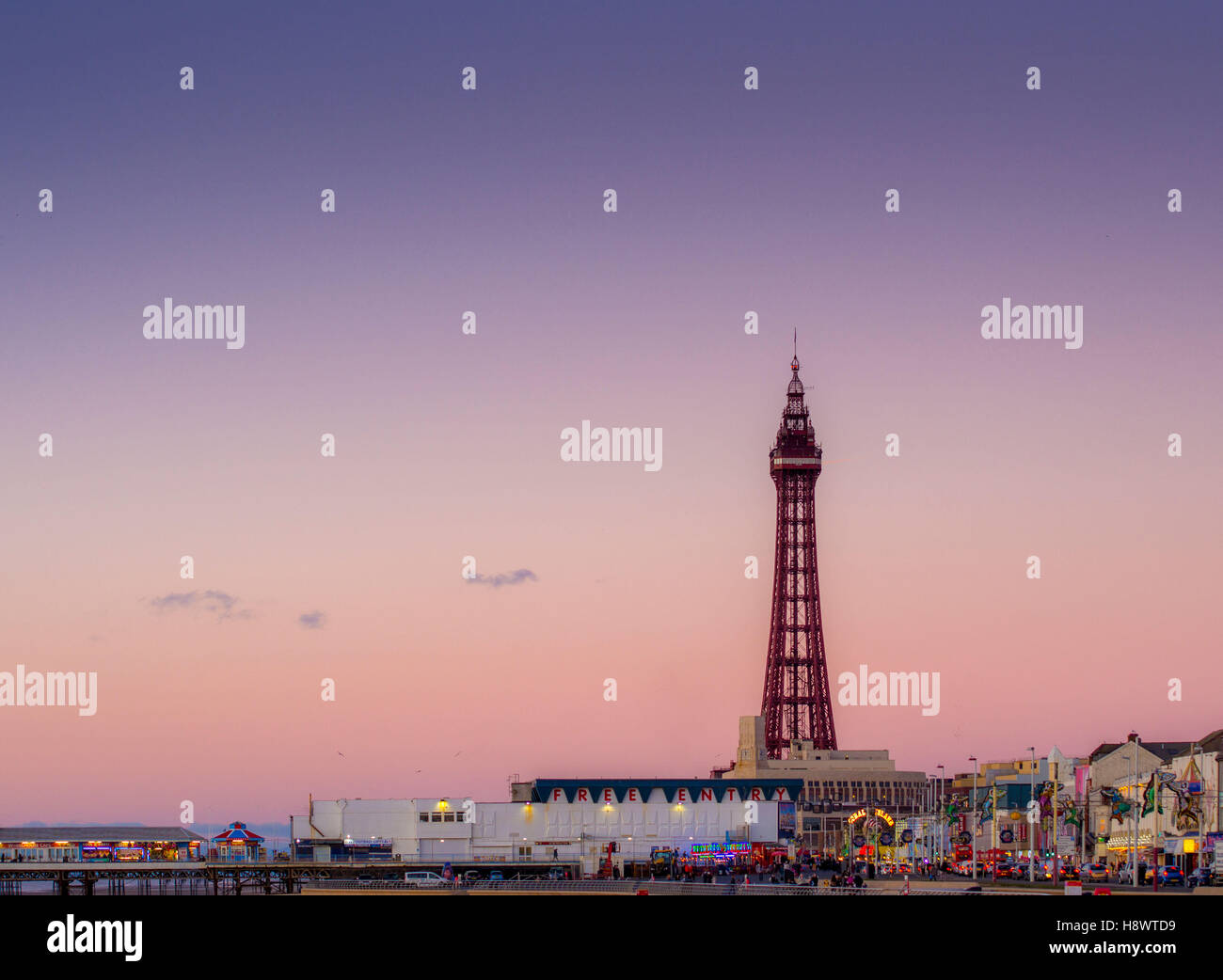 Blackpool Tower, Promenade and Central Pier entrance, early evening ...
