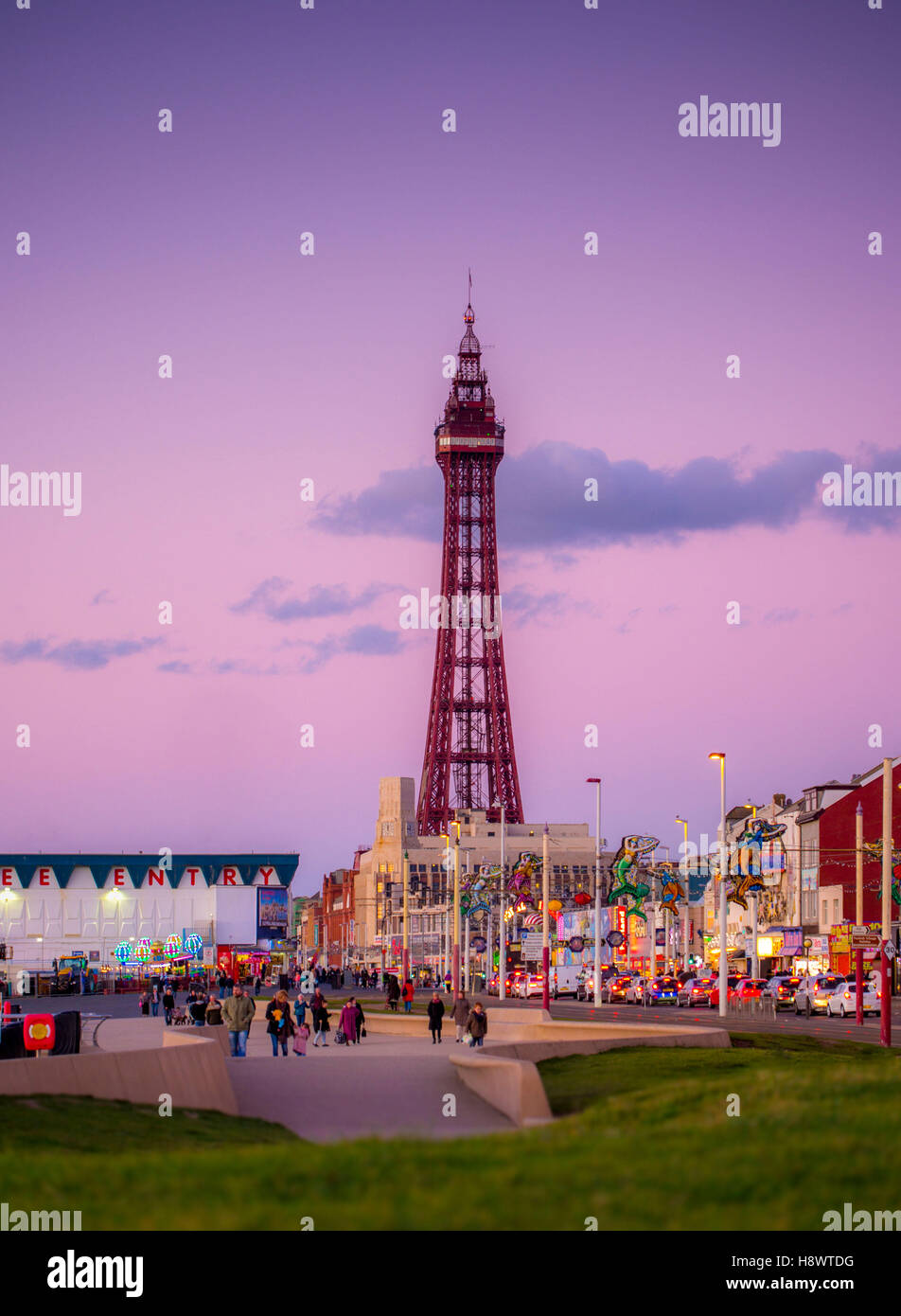 Blackpool Tower, Promenade and Central Pier entrance, early evening ...
