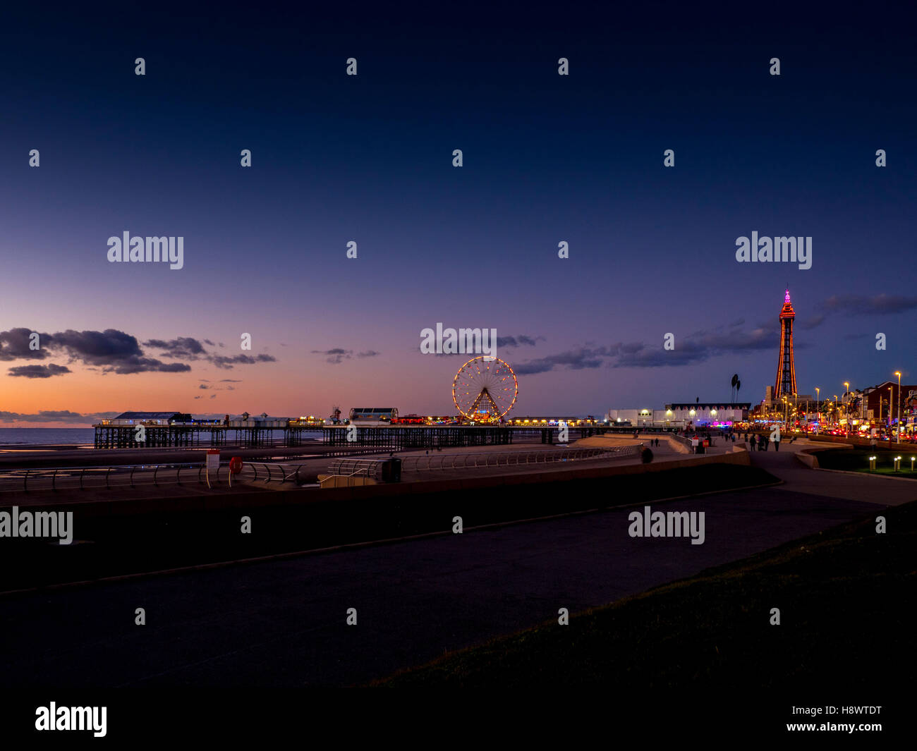 Blackpool Tower, Central Pier, Promenade and Illuminations, evening ...
