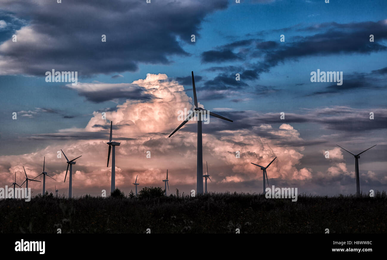 wind turbines in a field on a red and blue background of sunset sky ...