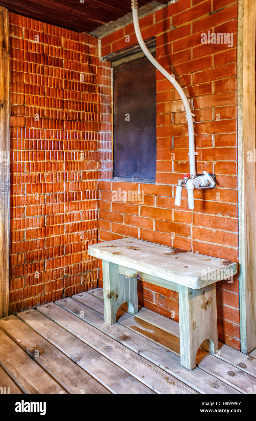 interior a rustic bath with wooden bench Stock Photo - Alamy