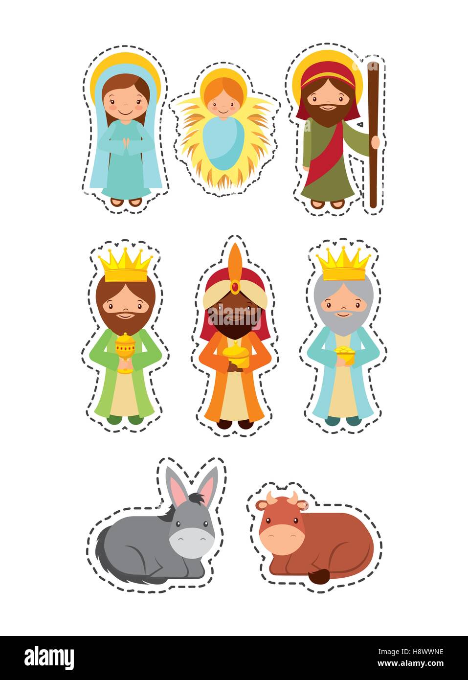 cartoon manger characters and animals over white background. colorful ...