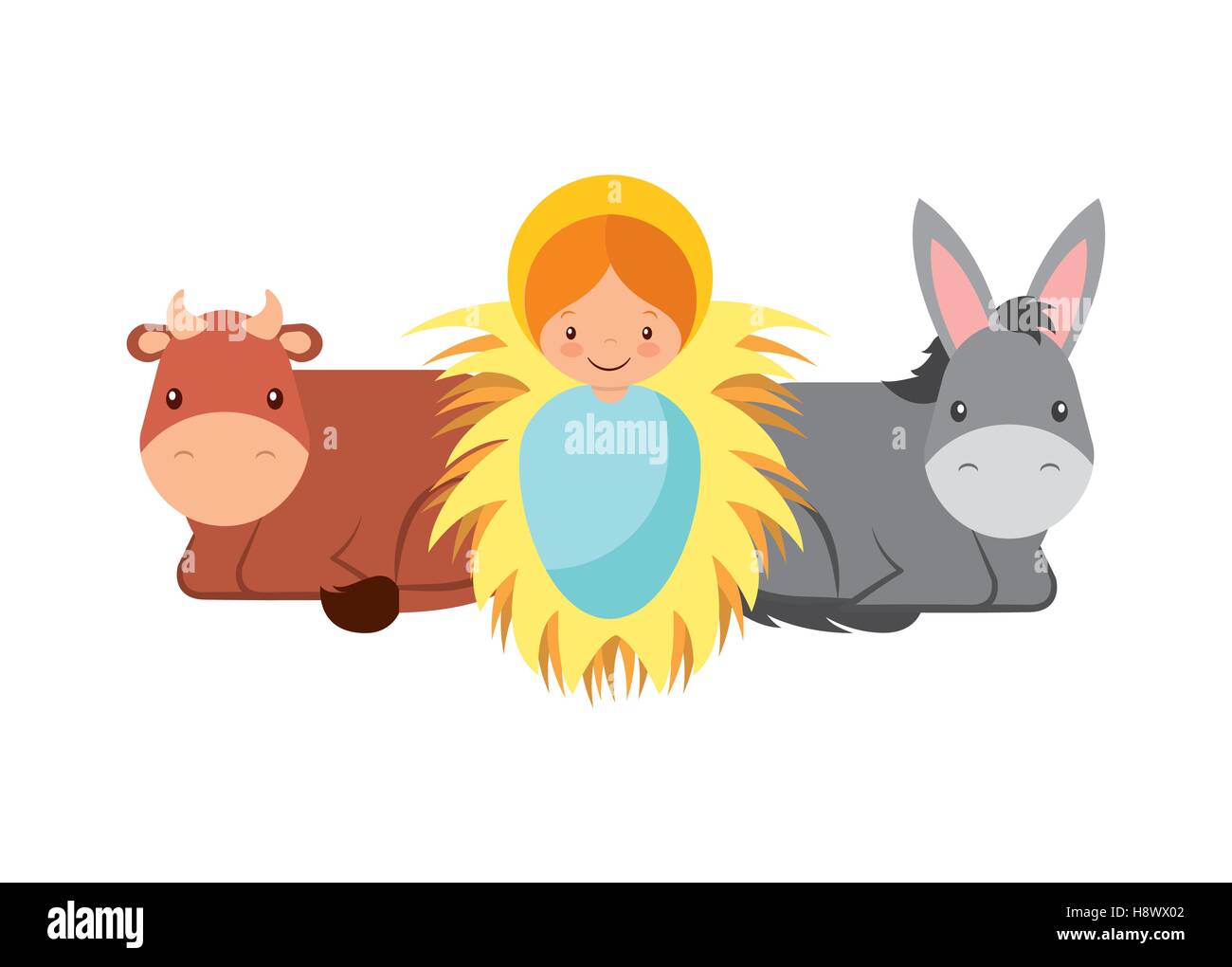 cute cartoon baby jesus with donkey and cow animals over white ...