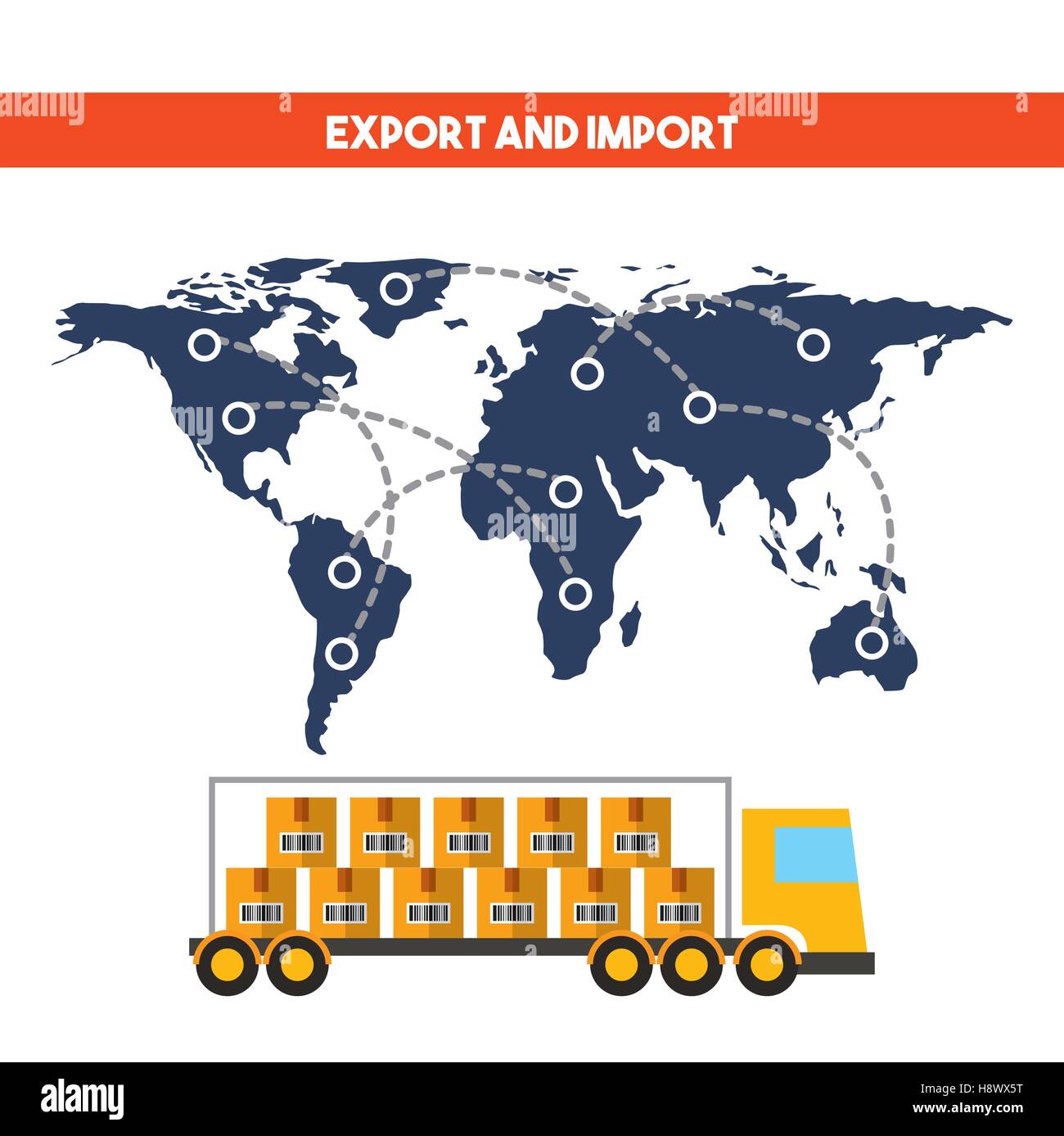 world map and cargo truck vehicle over white background. import and ...