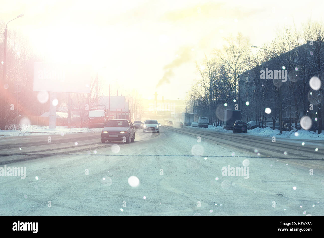 road city with car in winter sunset Stock Photo - Alamy