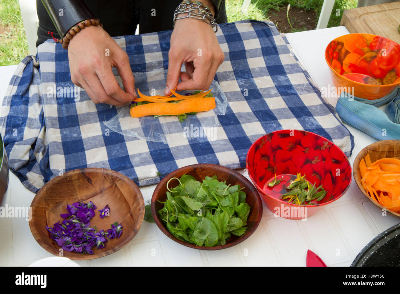 Preparing spring rolls wildflowers - Auvergne France Stock Photo - Alamy