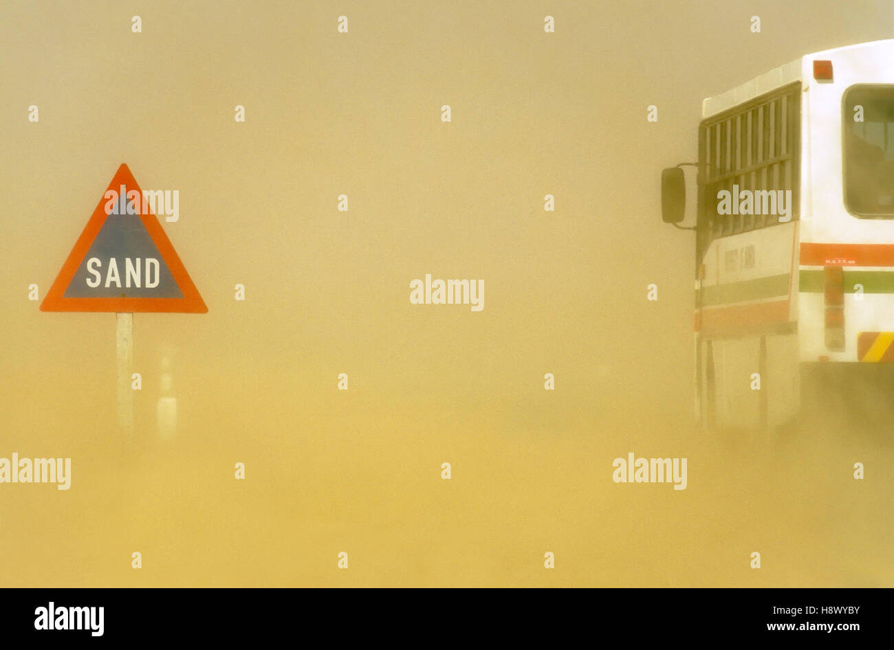 Sand road sign and sandstorm - Namib Desert Namibia Stock Photo - Alamy