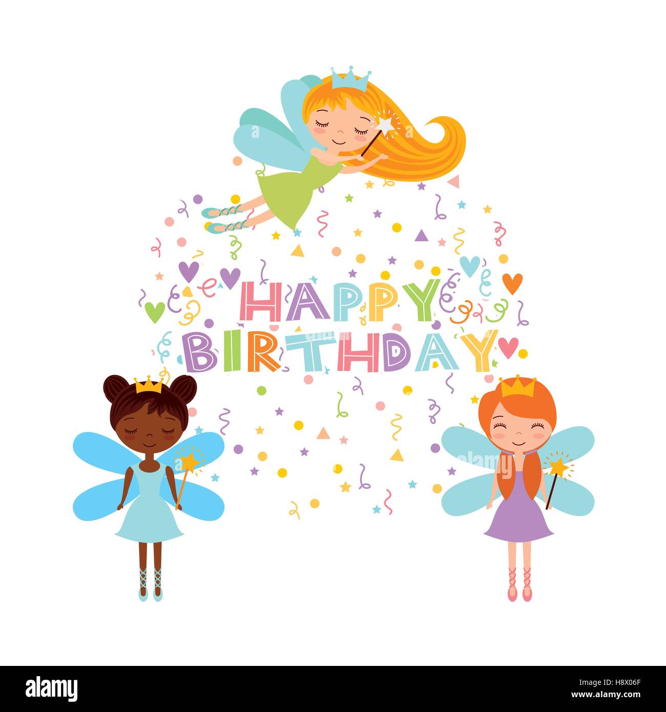 happy birthday card with cute fairy girls icon over white background ...