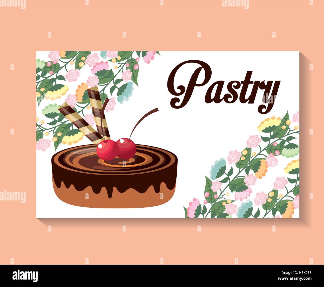 sweet cake dessert card with decorative flowers. pastry design. over ...