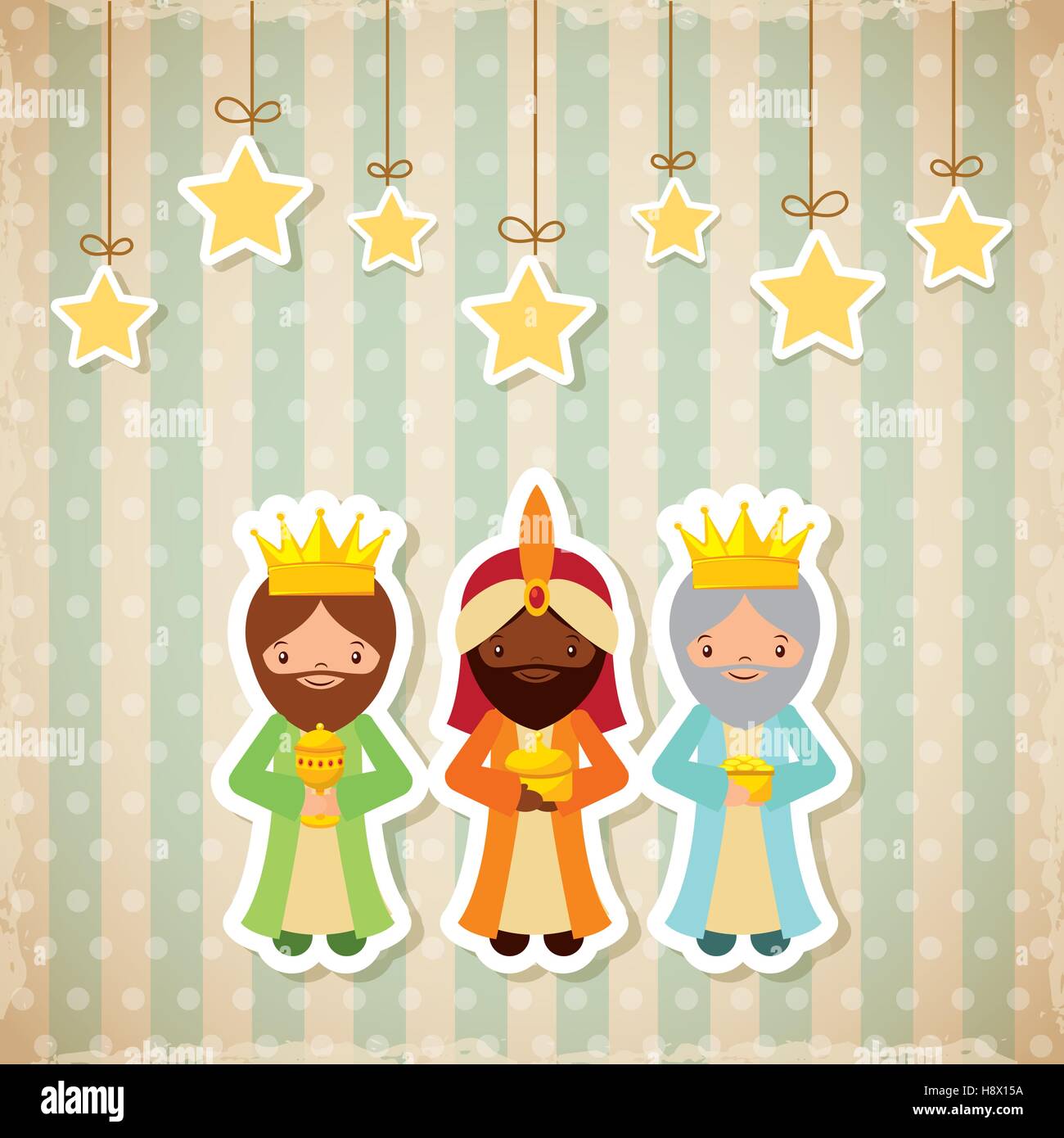 cartoon three wise men with decorative stars hanging. merry christmas ...