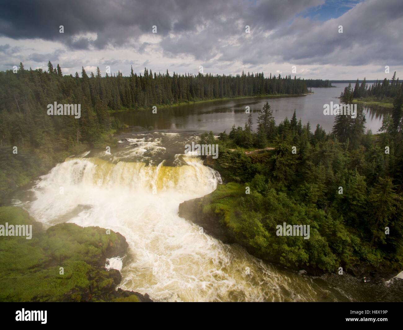 Aerial view of waterfall on the Grass River in boreal forest, Pisew ...