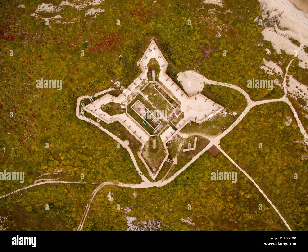 Aerial view of Prince of Wales Fort along coast of Hudson Bay ...