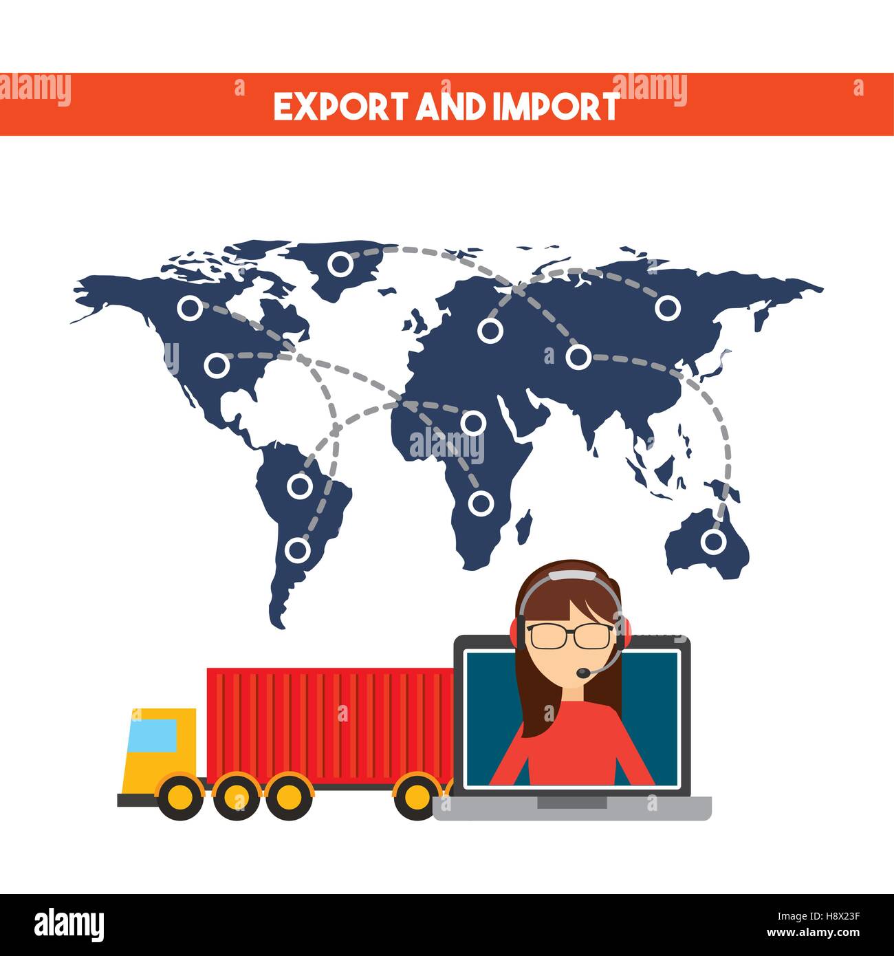 world map with cargo truck vehicle and support woman worker with ...