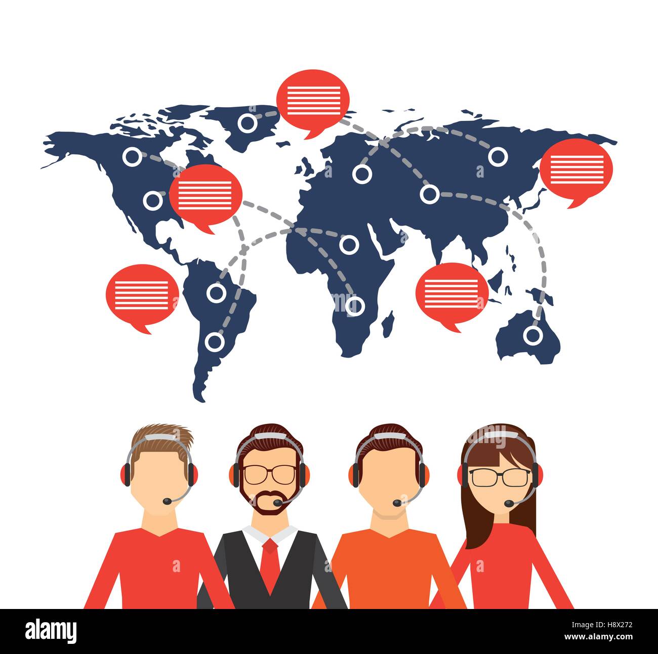 customer service workers with headset and world map with speech bubble ...