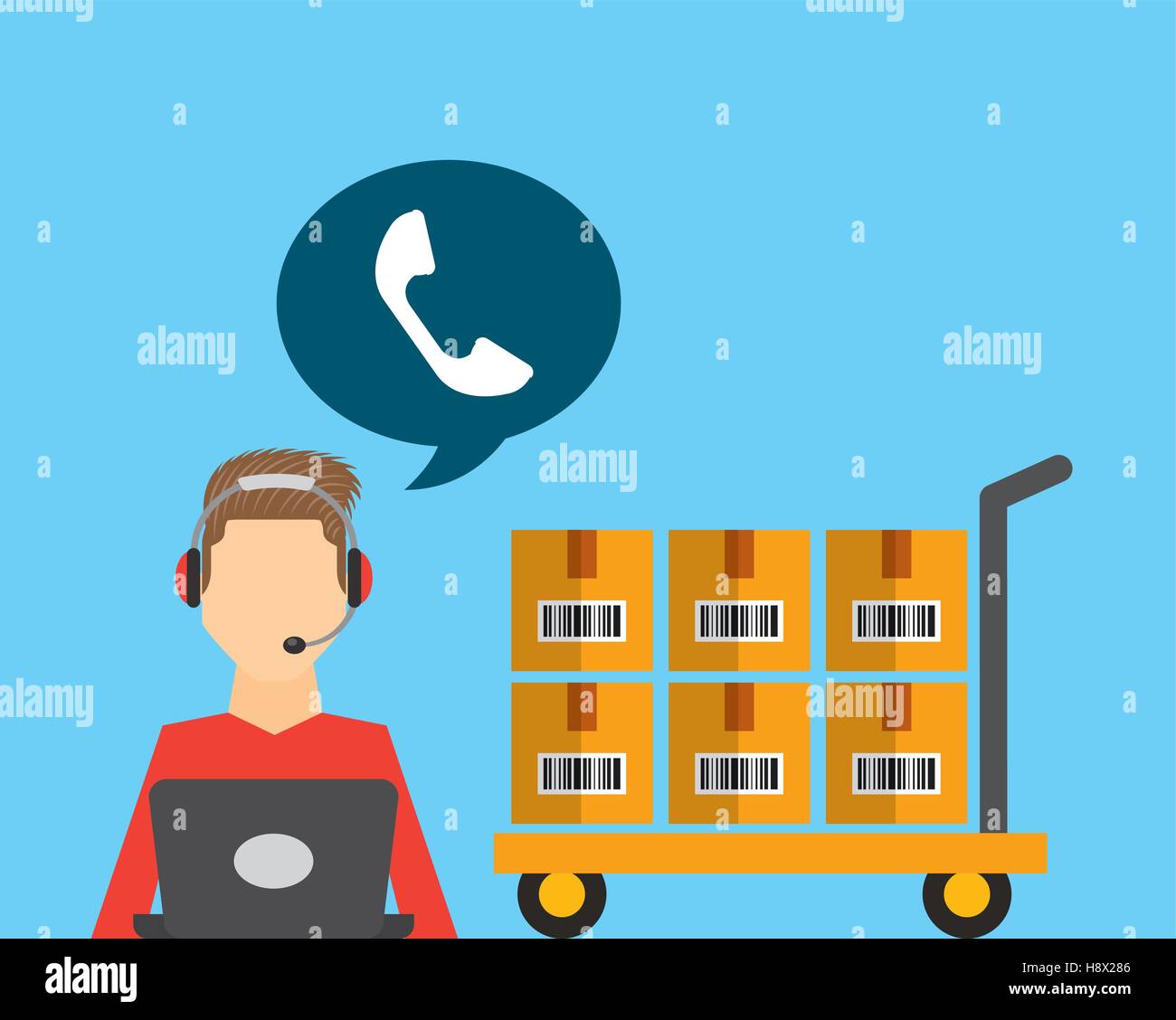 logistics support worker with speech bubble icon and handcart with ...