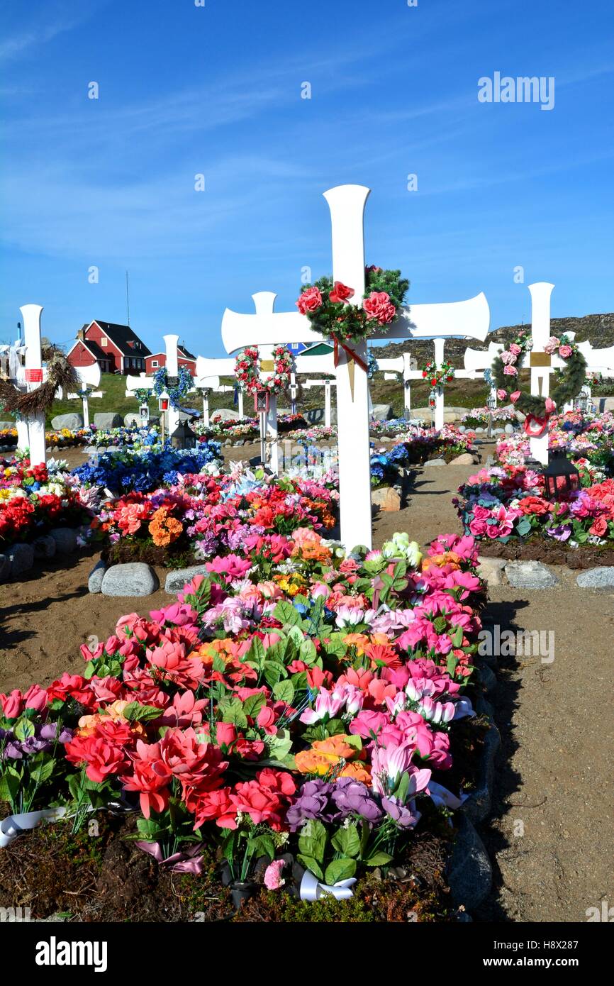 Denmark. Greenland. West coast. Disko Island. Cemetery of the village ...