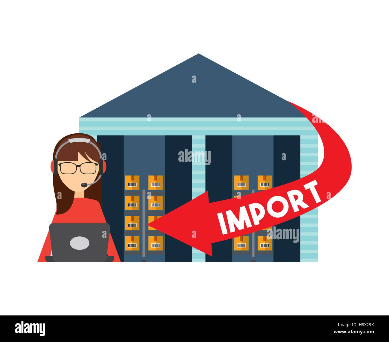 logistics support worker and warehouse with red arrow with import word ...