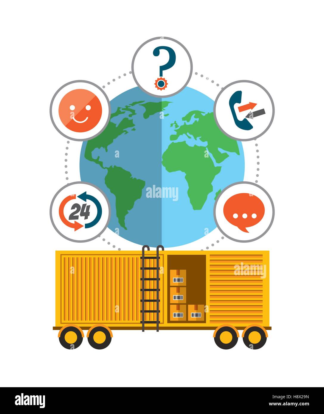 yellow cargo container and earth planet icon. export and import ...