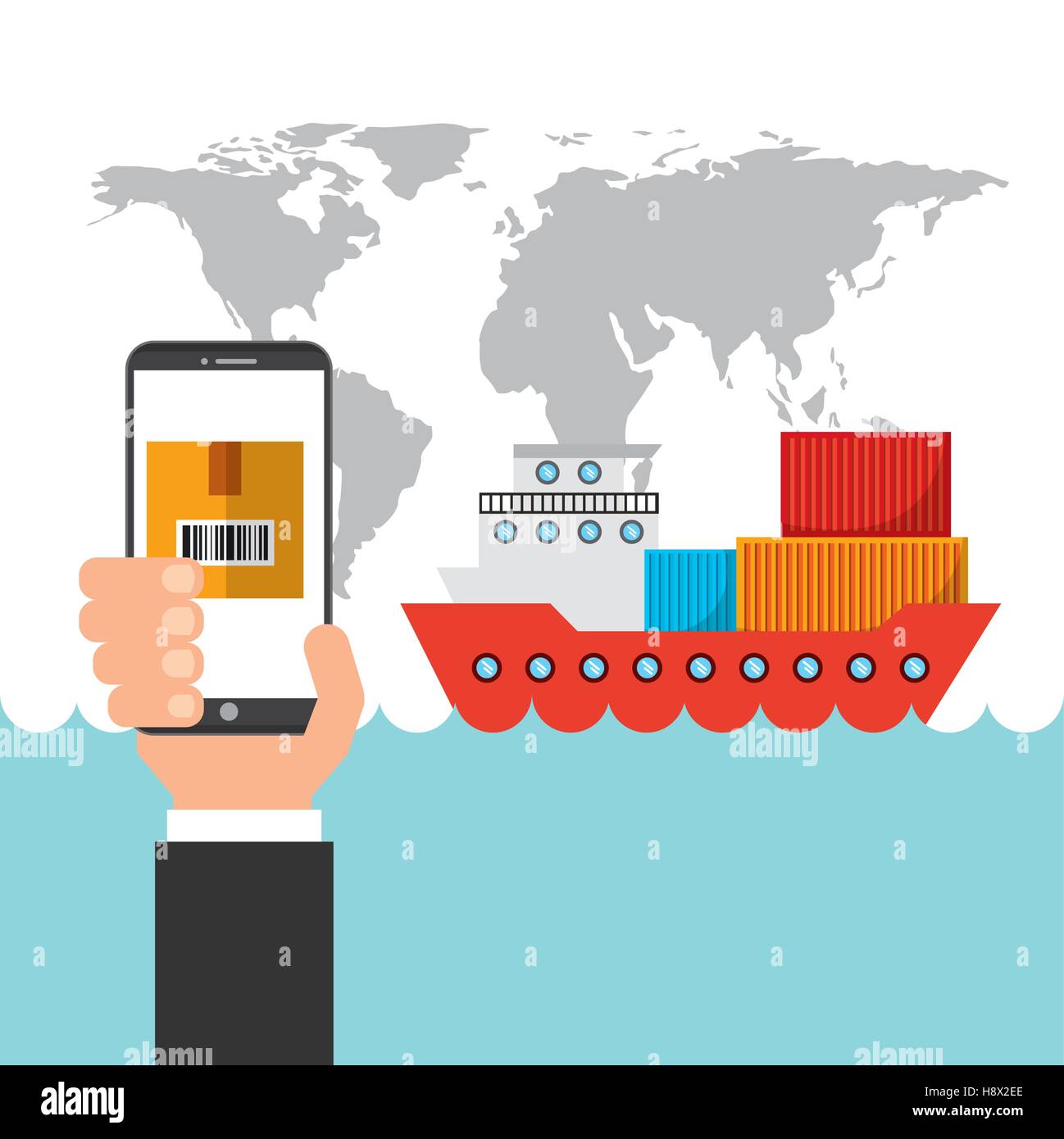 world map with cargo ship and human hand holding a smartphone .export ...
