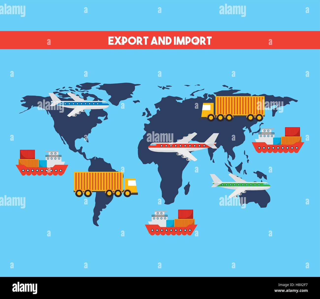 world map with cargo vehicles over blue background. export and import ...