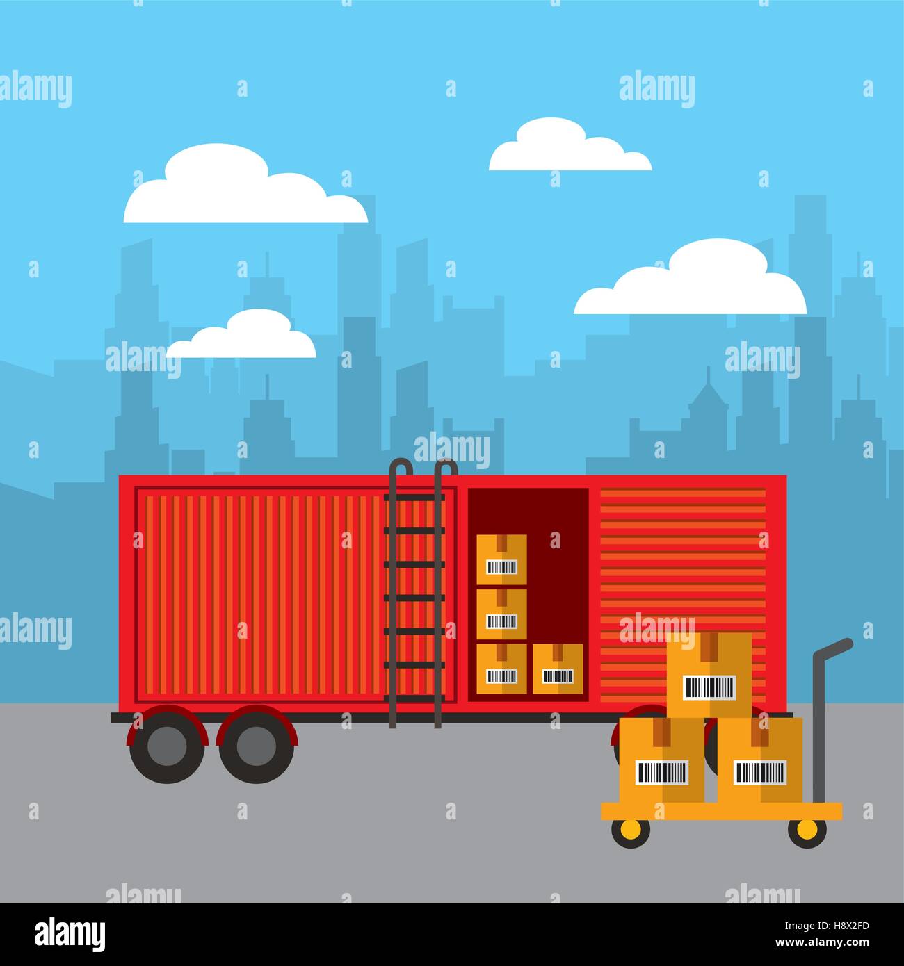 red cargo container with cargo boxes. export and import colorful design ...