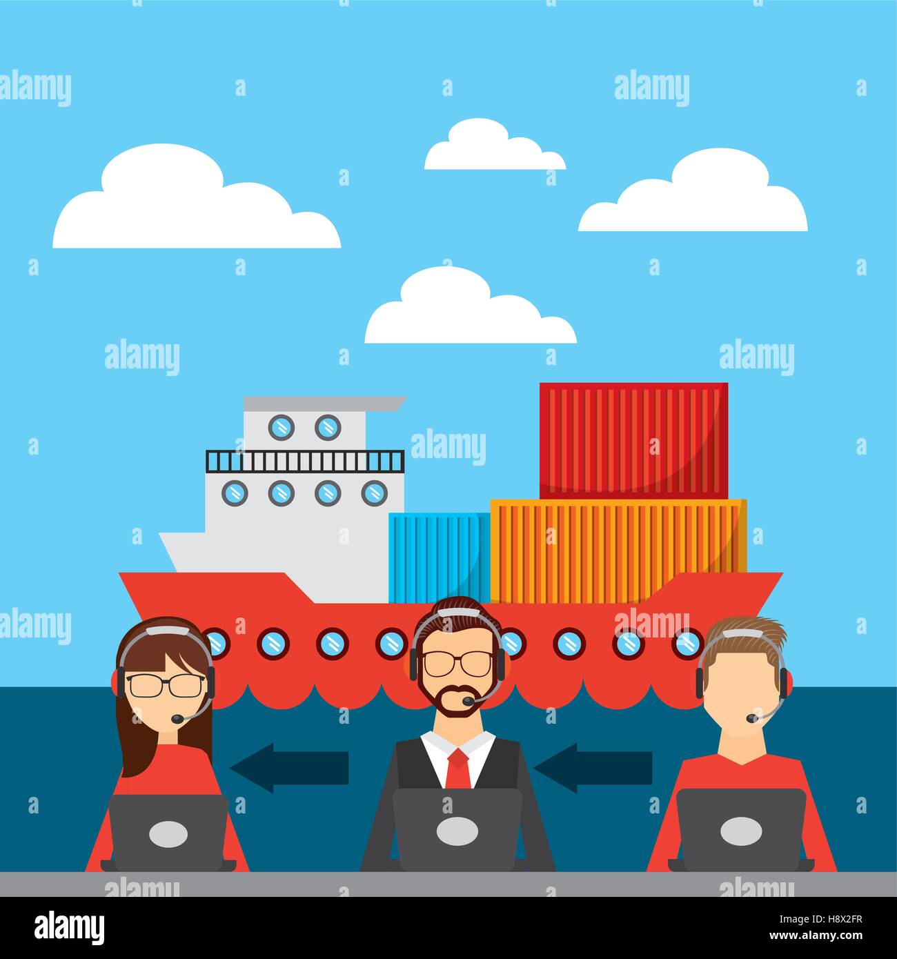 cargo ship and logistics persons working. export and import colorful ...