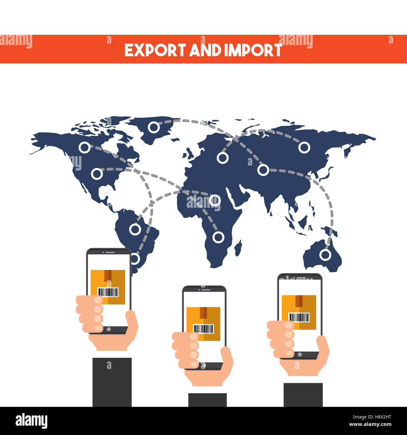 world map with human hand holding a smartphone device. export and ...
