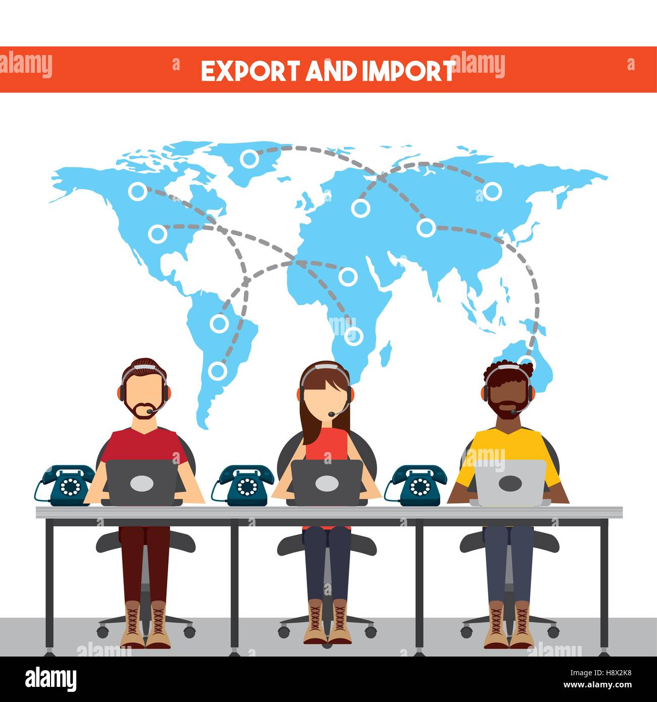 world map with logistic support workers working. export and import ...