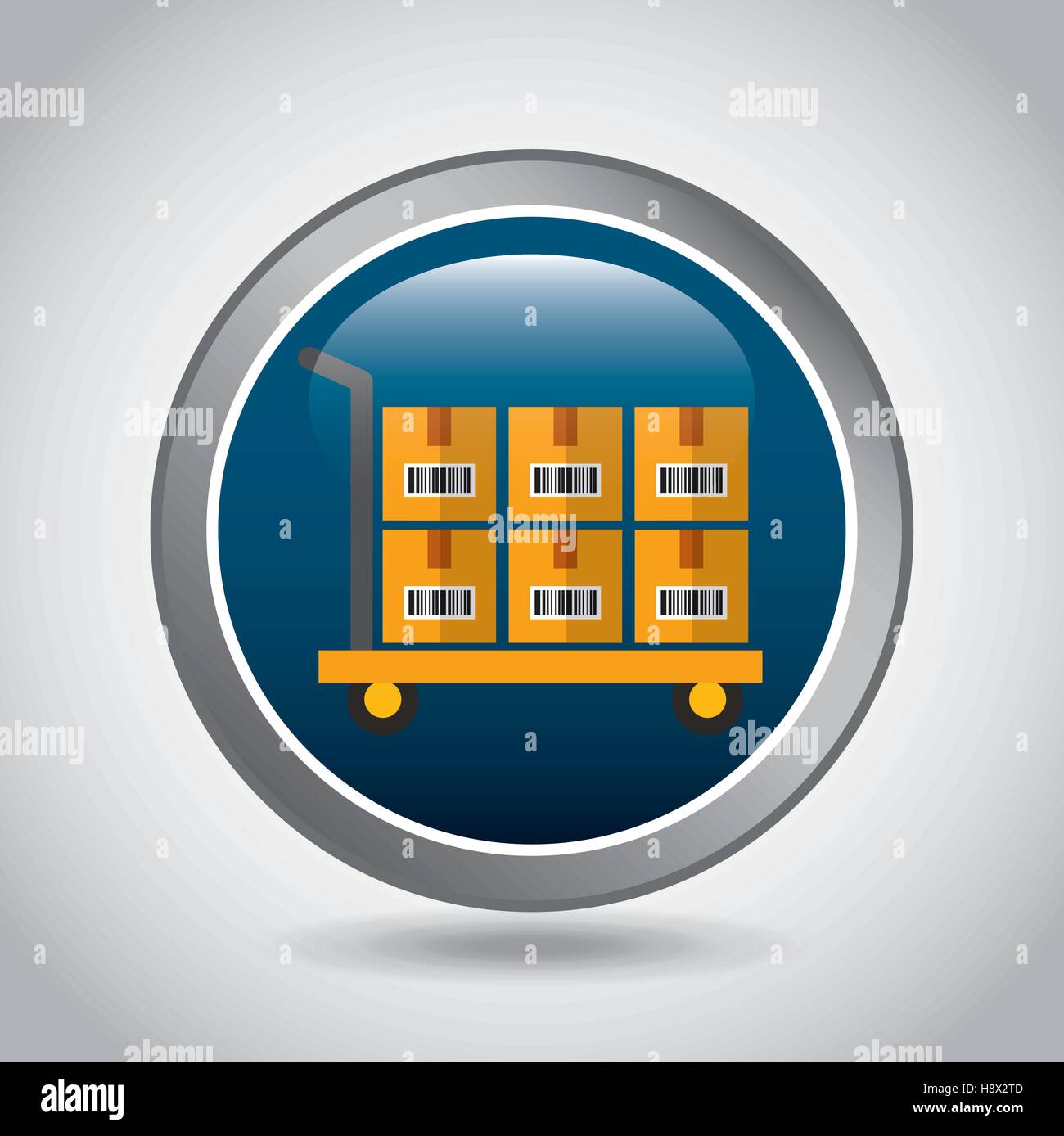 blue button with handcart with carton boxes inside over white ...