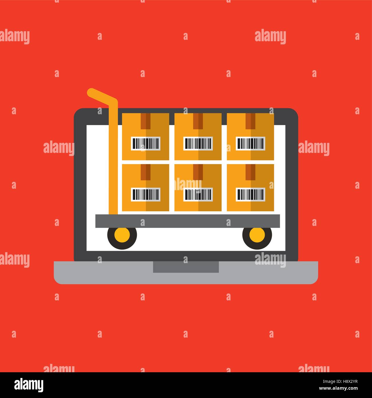 laptop computer and handcart .with carton boxes over red background ...