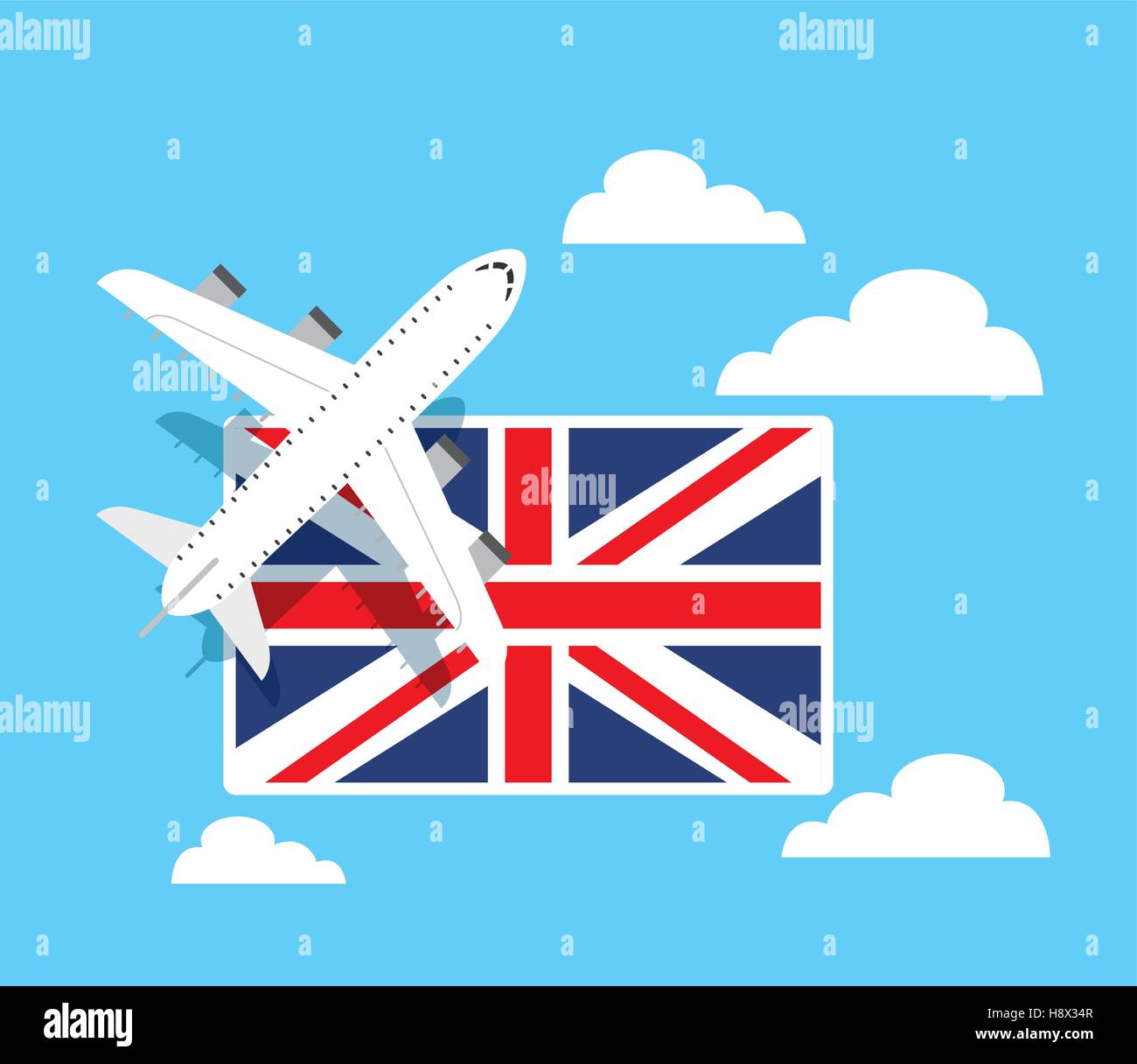 airplane vehicle and england flag over sky background. colorful design ... airplane vehicle and england flag over sky background. colorful design ...