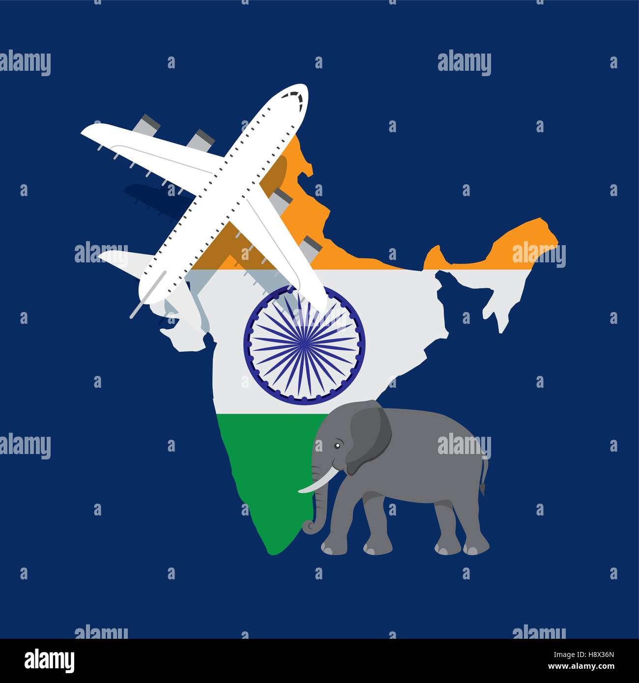 airplane and elephant icon over india country map with flag colors over ...