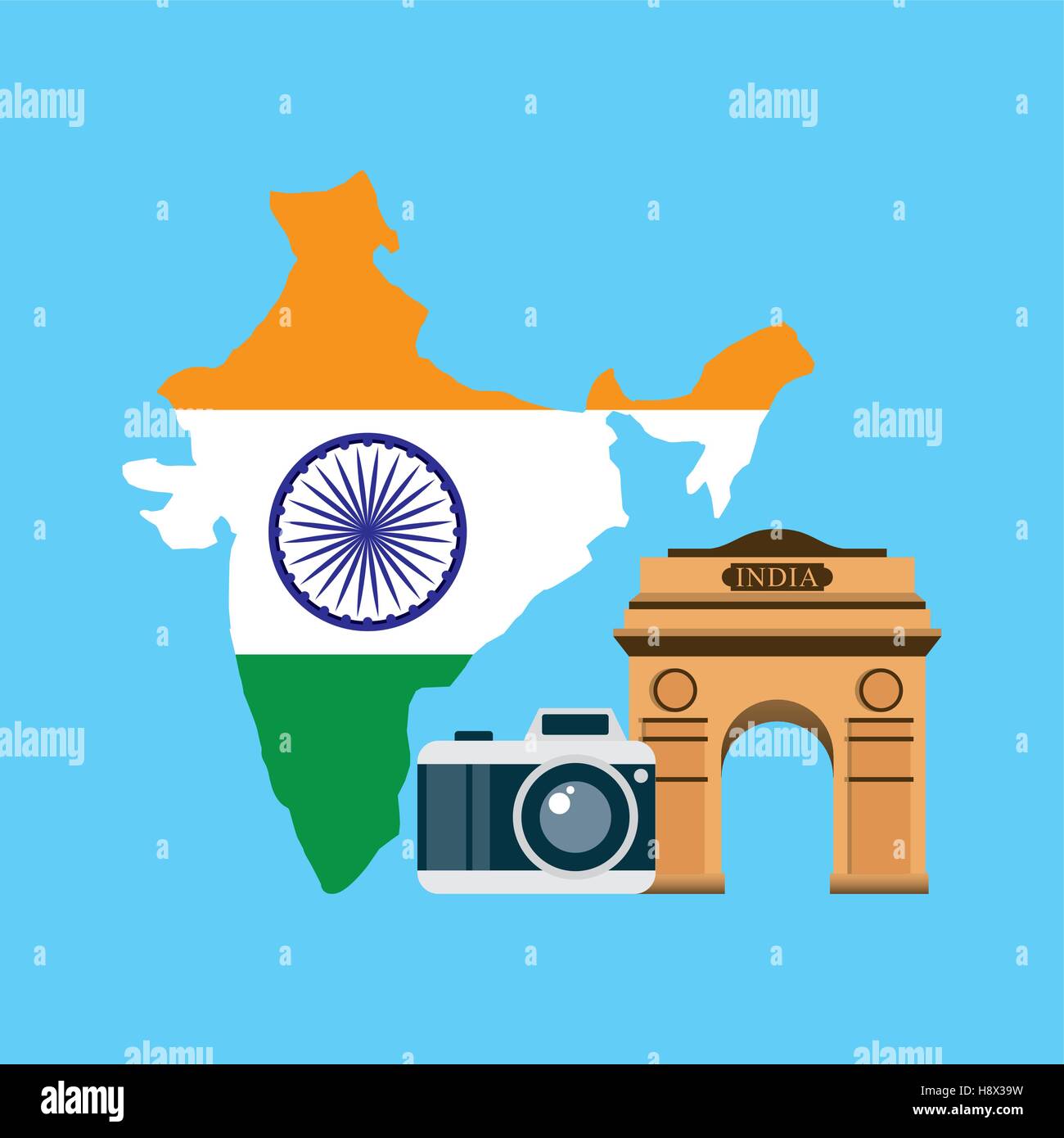 airplane and photographic camera over india country map with flag ...