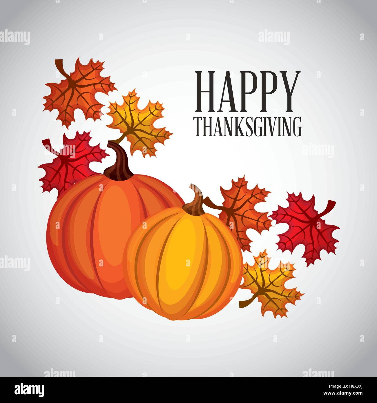 happy thanksgiving card with pumpkin and dry autumn leaves icons over ...