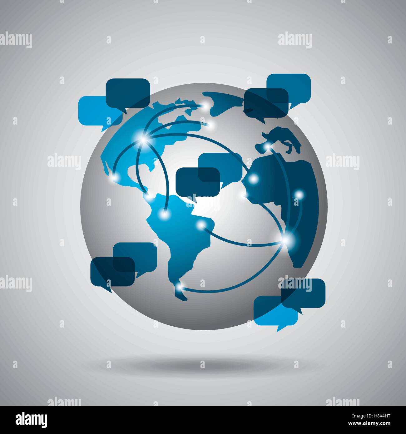 earth sphere with connection arrows and speech bubbles icon over white ...