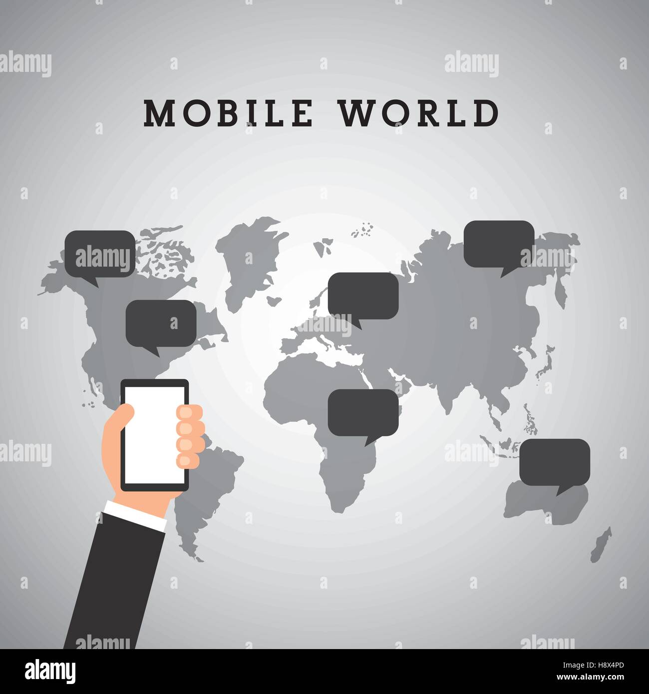 human hand holding a smartphone device and over world map with speech ...