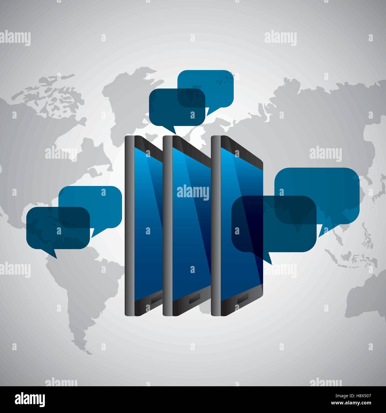 world map with smartphone devices and speech bubbles over world ...